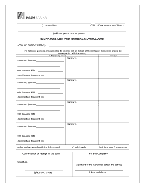 Fillable Online vababanka SIGNATURE LIST FOR TRANSACTION ACCOUNT ...