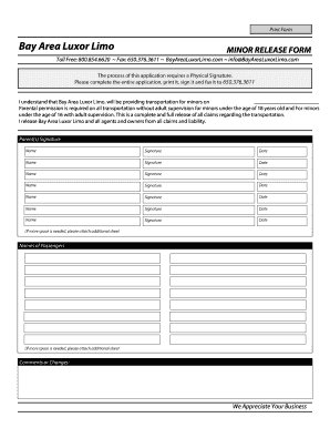 Fillable Online Bay Area Luxor Limo MINOR RELEASE FORM - Graphix Image ...