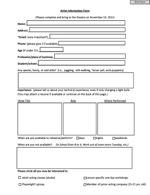 Fillable Online theatrevictoria Artist Information Form (Please ...
