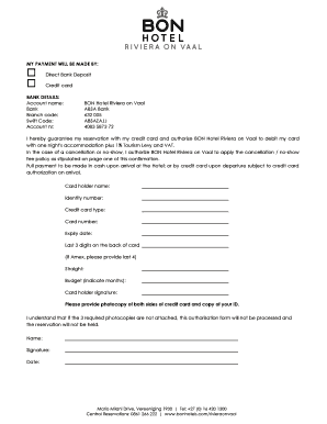 Fillable Online BON Hotel Riviera on Vaal Payment Authorisation - BON ...