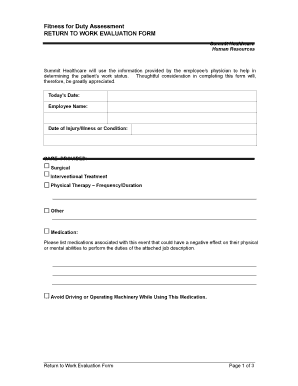 Fillable Online Return to Work Evaluation Form 2012 Fax Email Print ...
