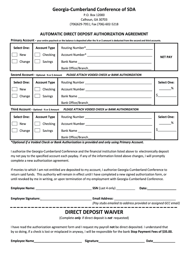 Fillable Online AUTOMATIC DIRECT DEPOSIT AUTHORIZATION AGREEMENT ...