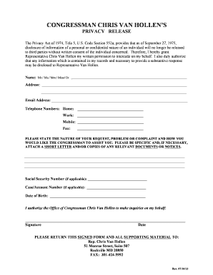 Fillable Online vanhollen house Privacy Release - Congressman Chris Van ...