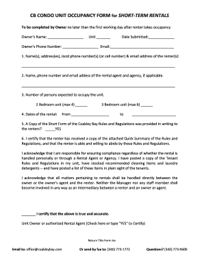 Fillable Online coakleybay CB CONDO UNIT OCCUPANCY FORM SHORT-TERM ...