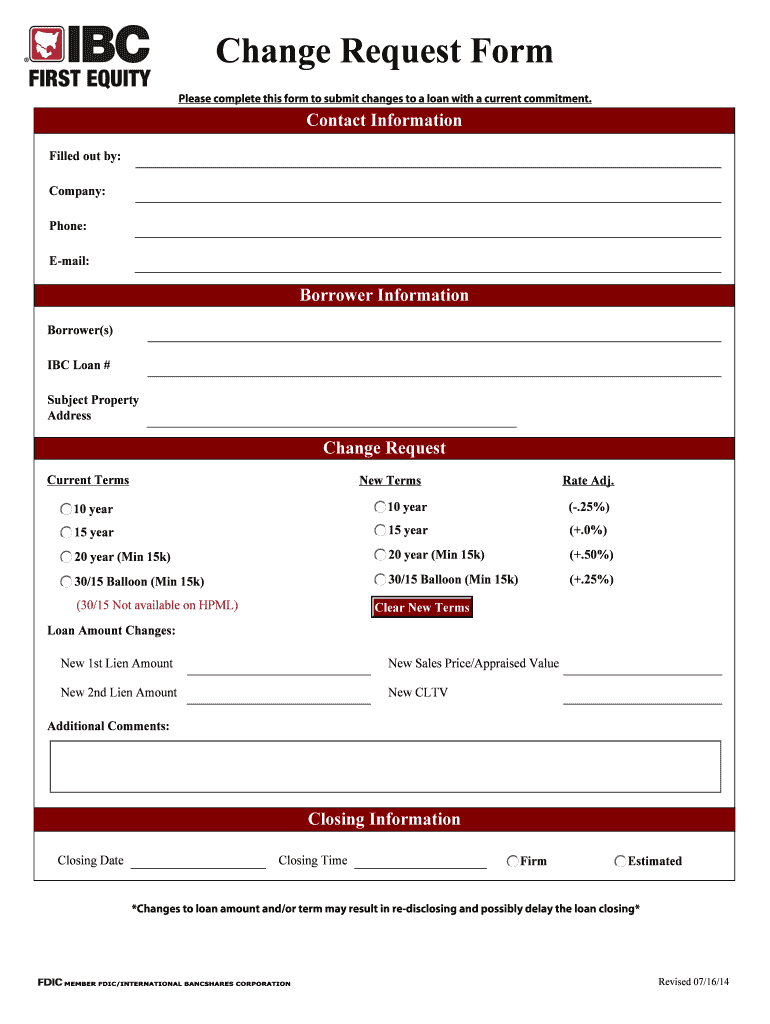 Fillable Online Change Request Form - IBC First Equity Fax Email Print - pdfFiller