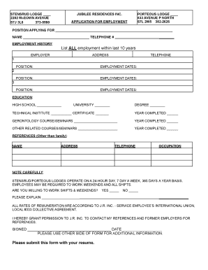 Fillable Online jubileeresidences Application for Employment - General ...