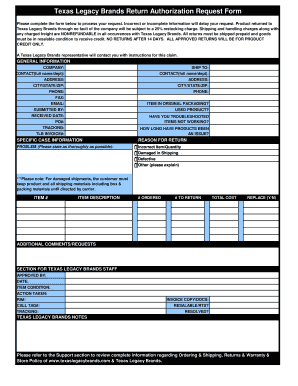 Fillable Online Texas Legacy Brands Return Authorization Request Form Fax Email Print - pdfFiller