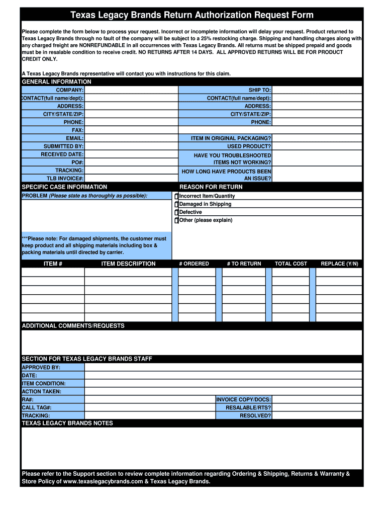 Fillable Online Texas Legacy Brands Return Authorization Request Form ...