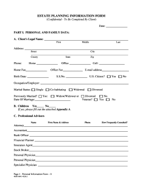 Fillable Online ESTATE PLANNING INFORMATION FORM Confidential - To Be Fax Email Print - pdfFiller