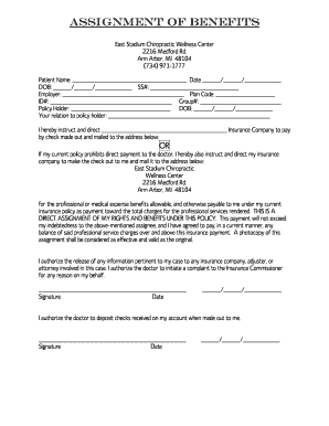 Fillable Online ASSIGNMENT OF BENEFITS 8 07 - East Stadium Chiropractic ...