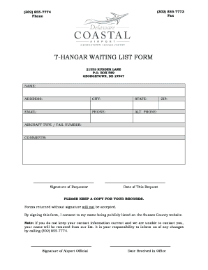 Fillable Online T-HANGAR WAITING LIST FORM ...