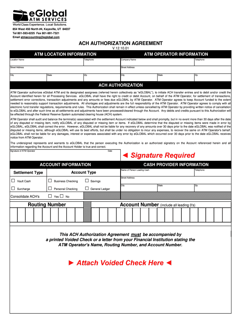 Fillable Online ACH Authorization Agreement - eGlobal Fax Email Print - pdfFiller
