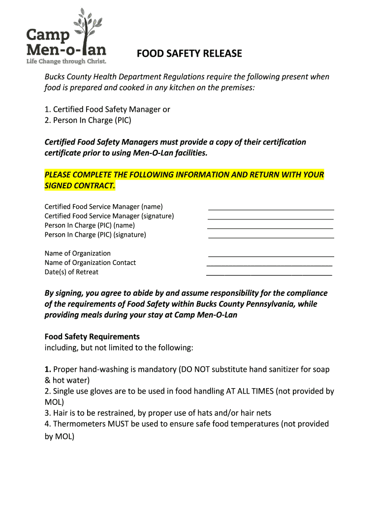 Fillable Online menolan FOOD SAFETY RELEASE - Camp Men-o-lan - menolan ...