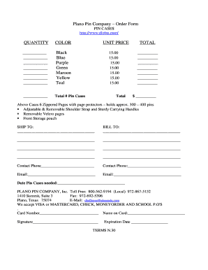 Fillable Online Pin case order form 2015 - Plano Pin Co Fax Email Print ...