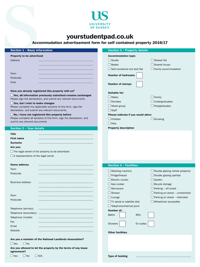 Fillable Online sussex studentpad co Accommodation advertisement form ...