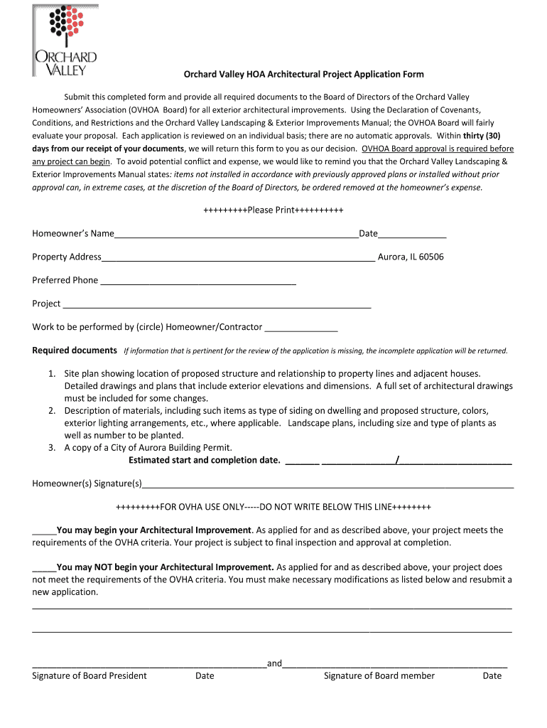 Fillable Online ovha Orchard Valley HOA Architectural Project ...