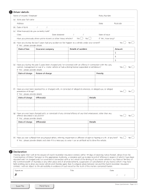 Fillable Online Zurich Driver Declaration Form - Allcoasts Insurance ...