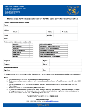 Fillable Online Nomination form - Lane Cove Football Club Fax Email ...