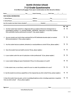 Fillable Online Seattle Christian Schools 7-12 Grade Questionnaire Fax ...