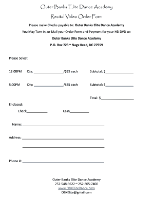 Fillable Online Outer Banks Elite Dance Academy Recital Video Order ...