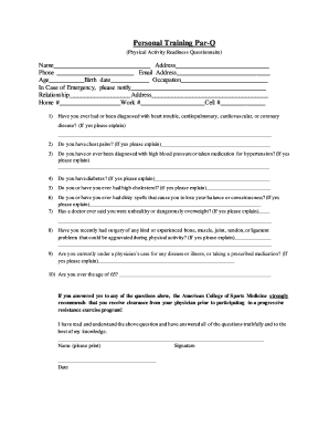 Fillable Online Personal Training ParQ (Physical Activity Readiness ...