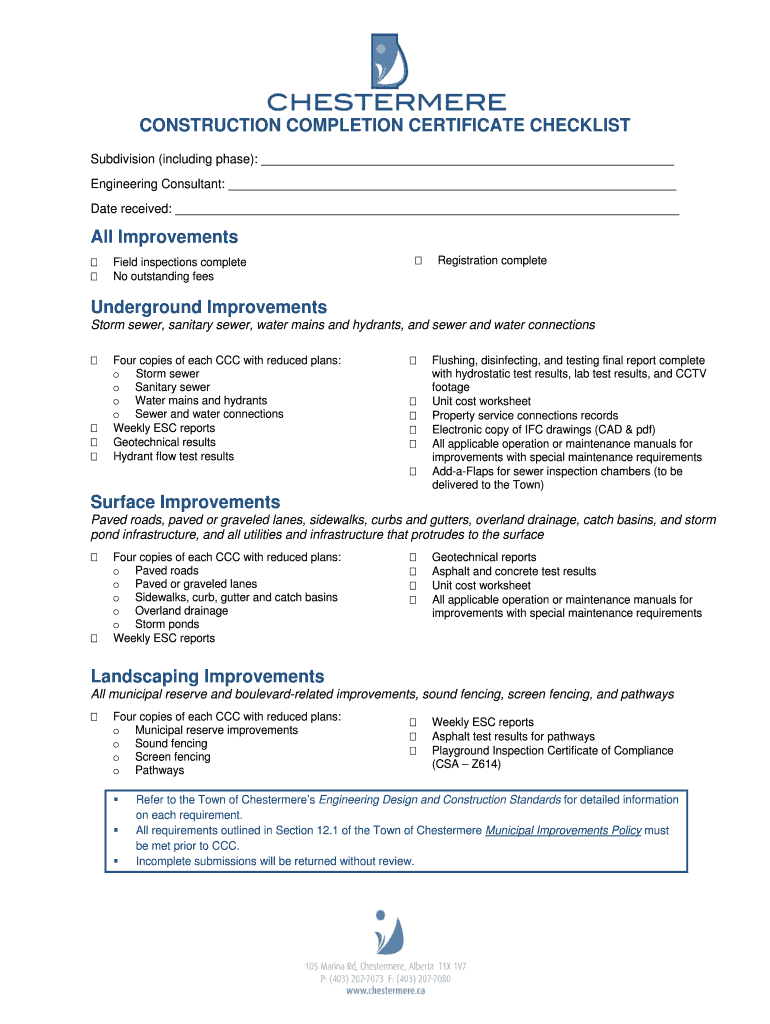 Fillable Online CONSTRUCTION COMPLETION CERTIFICATE CHECKLIST ...