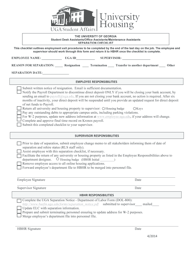 Fillable Online housing uga Separation Checklist for Student Temp ...