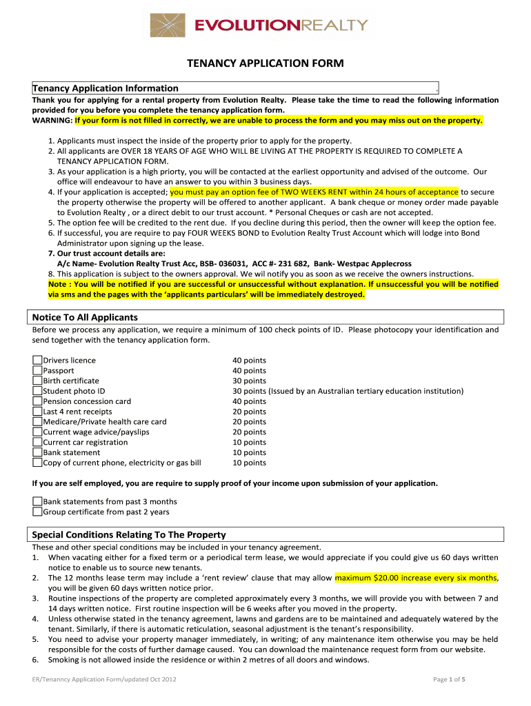 Fillable Online Tenancy Application bFormb - Evolution Realty Fax Email Print - pdfFiller