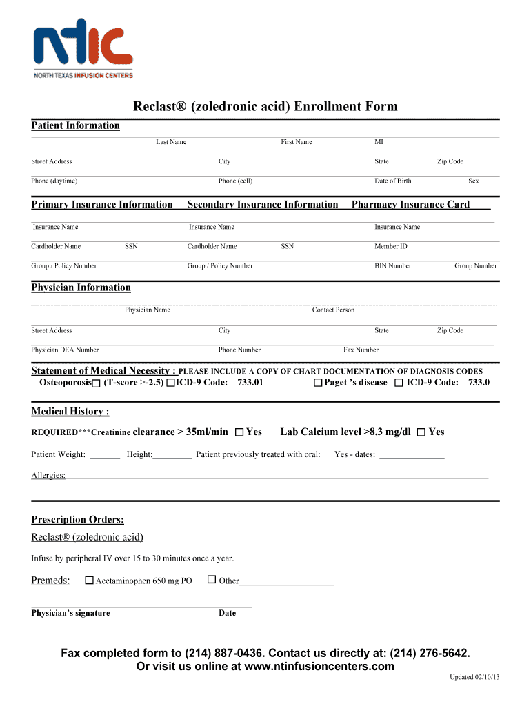 Fillable Online Reclast Referral Form - North Texas Infusion Centers ...