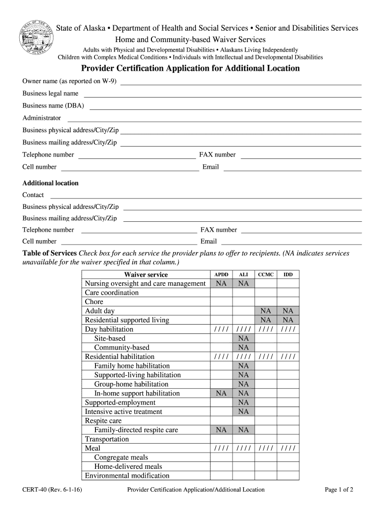 Fillable Online dhss alaska Provider Certification Application for ...
