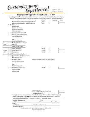 Fillable Online Chicago Cubs Order Form 2016 - Excite Experiences Fax ...