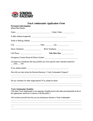 Fillable Online Track Ambassador Application Form Personal Information ...