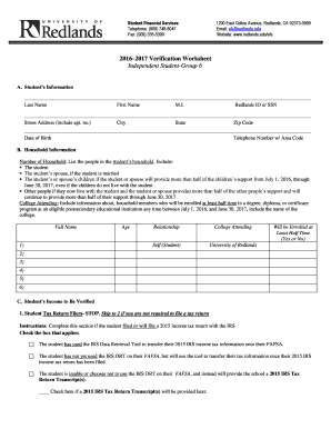 Fillable Online redlands edu/sfs 20162017 Verification Worksheet ...