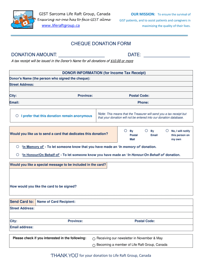 Fillable Online CHEQUE DONATION FORM DONATION AMOUNT DATE Fax Email ...