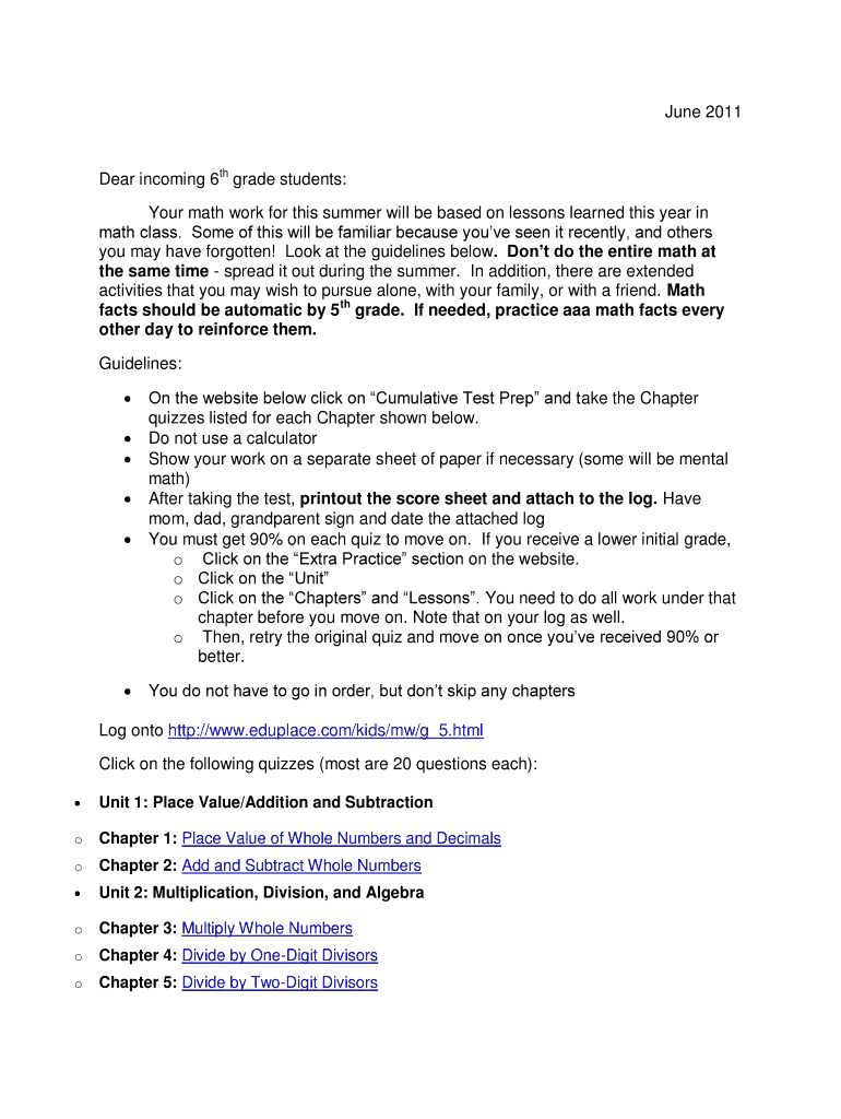 Fillable Online stpatrickadw June 2011 Dear incoming 6th grade students ...