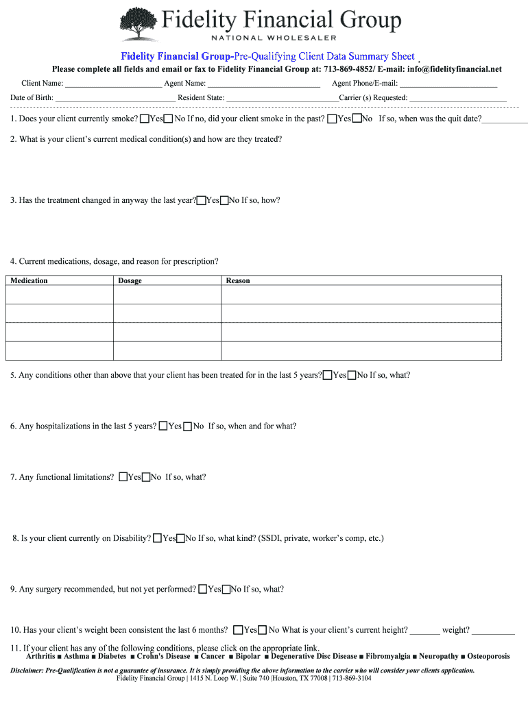 Fillable Online fidelityfinancial Fidelity Financial Group Pre-Qualifying Client Data Fax Email ...