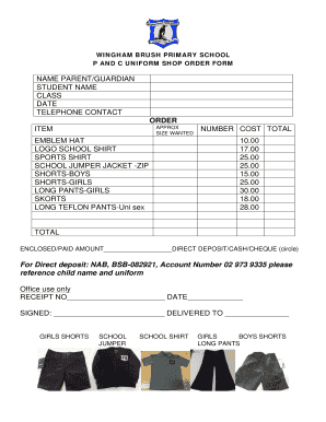 Fillable Online winghambru-p schools nsw edu WINGHAM BRUSH P AND C UNIFORM SHOP ORDER FORM ...