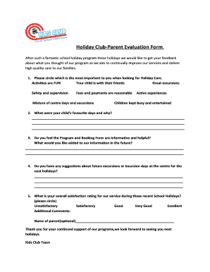 Fillable Online Holiday Club-Parent Evaluation Form Fax Email Print ...