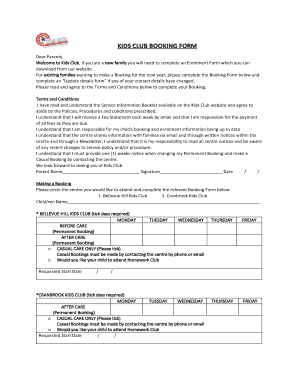 Fillable Online KIDS CLUB BOOKING FORM - bkidscluboshbbcombau Fax Email ...