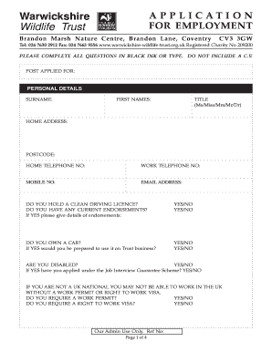 Fillable Online Warwickshire APPLICATION Wildlife Trust FOR EMPLOYMENT ...