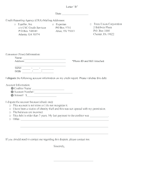 Fillable Online Letter B Date Credit Reporting Agency CRA Mailing Fax ...