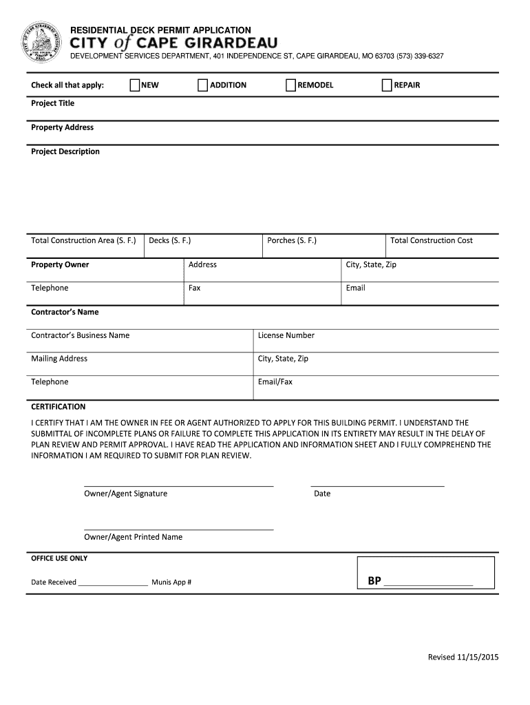 Fillable Online cityofcapegirardeau RESIDENTIAL DECK PERMIT APPLICATION ...