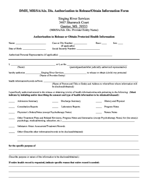 Fillable Online DMH Authorization Form - Singing River Services Fax ...
