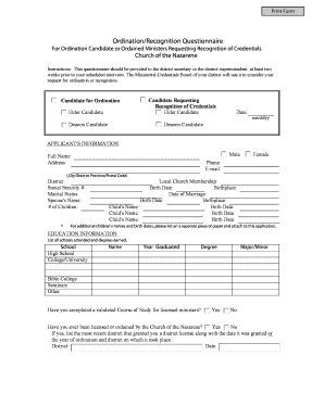 Fillable Online Ordination/Recognition Questionnaire - Northwestern ...