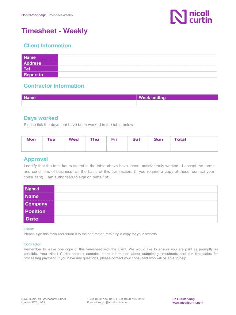 Fillable Online Contractor help: Timesheet Weekly Fax Email Print - pdfFiller