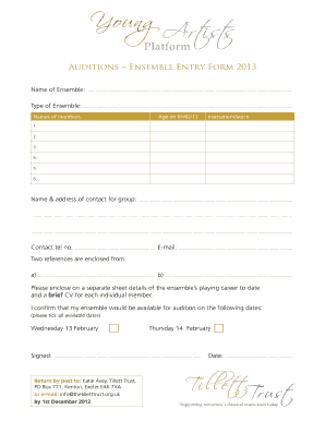 Fillable Online thetilletttrust org Auditions Ensemble Entry Form 2013 ...