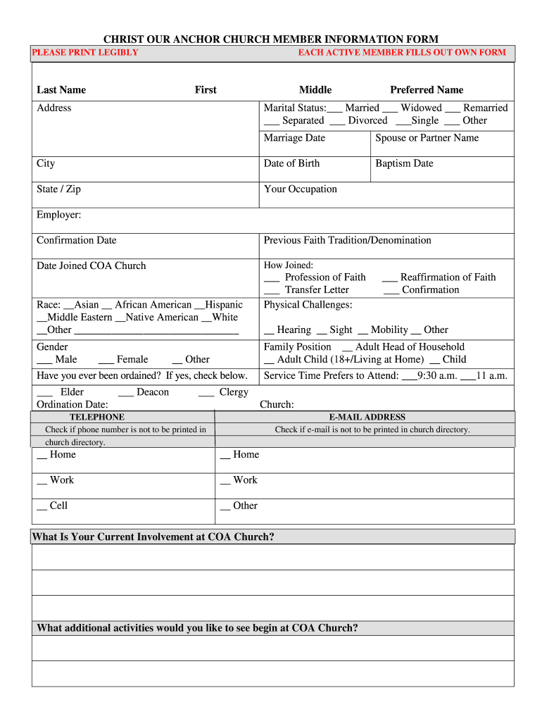 Fillable Online christouranchorpc WOODS CHURCH MEMBER INFORMATION SHEET ...