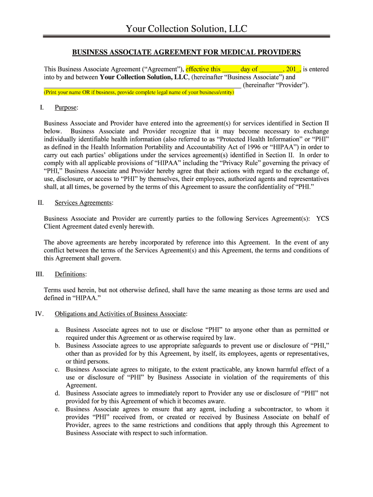 Fillable Online HIPAA Business Associate Agreement - Your Collection ...
