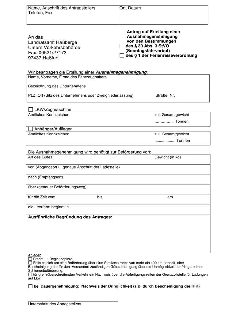 Ausfüllbar Online hassberge Antrag auf Erteilung einer An das Ausnahmegenehmigung Fax Email ...