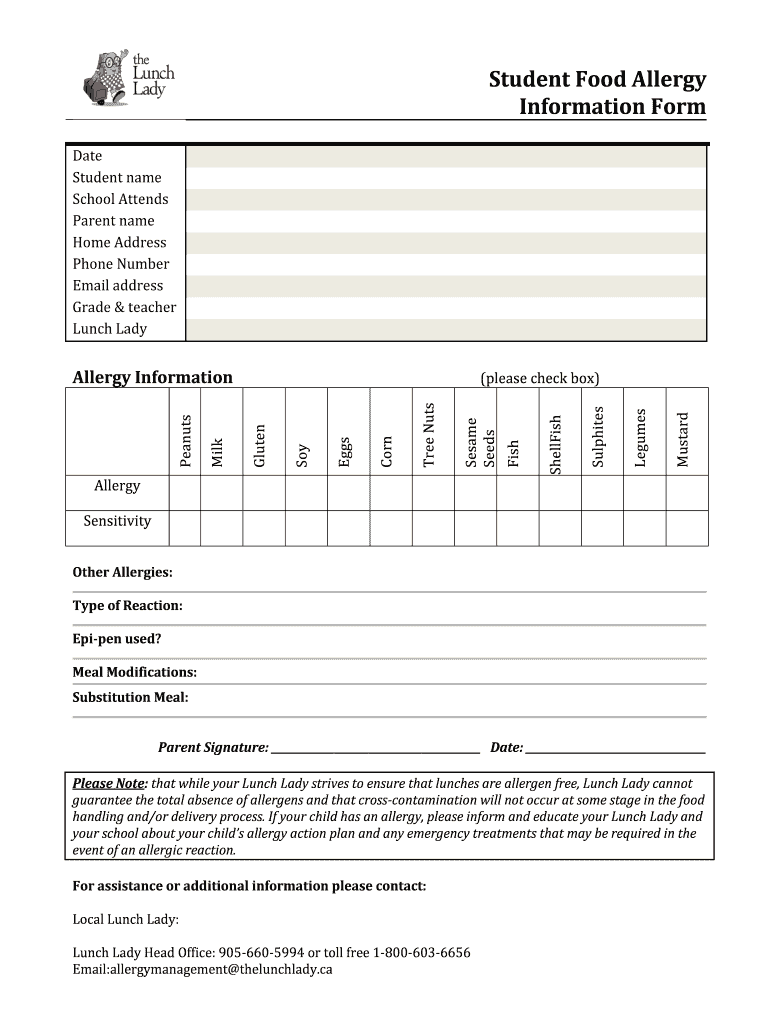 Fillable Online thelunchlady Student Food Allergy Information Form ...